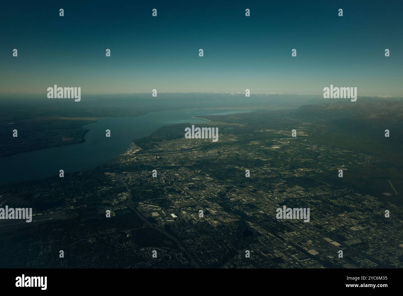 Aerial view of downtown Anchorage and Port on Knik Arm from a taking ...