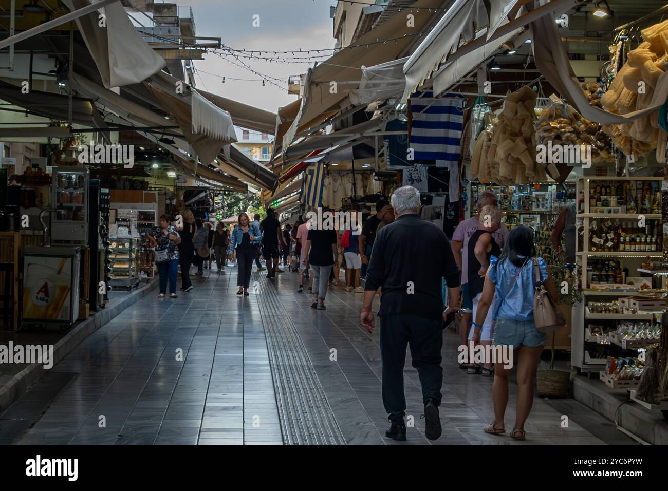 Covered market with local product stalls in Greece Stock Photo - Alamy