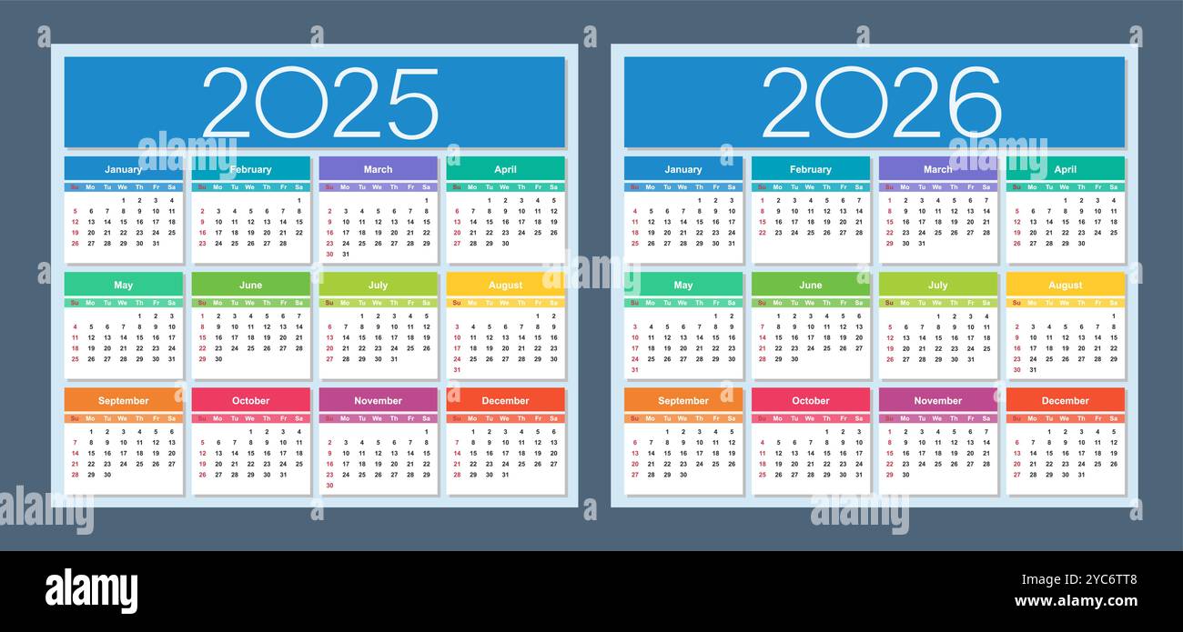 Colorful calendar for 2025 and 2026 years. Week starts on Sunday. Isolated vector illustration ...