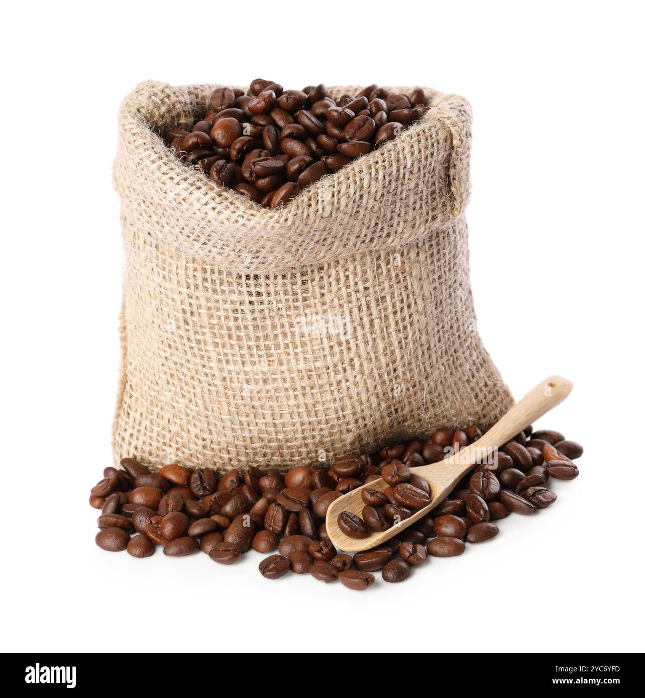 Burlap sack with coffee beans and scoop isolated on white Stock Photo ...