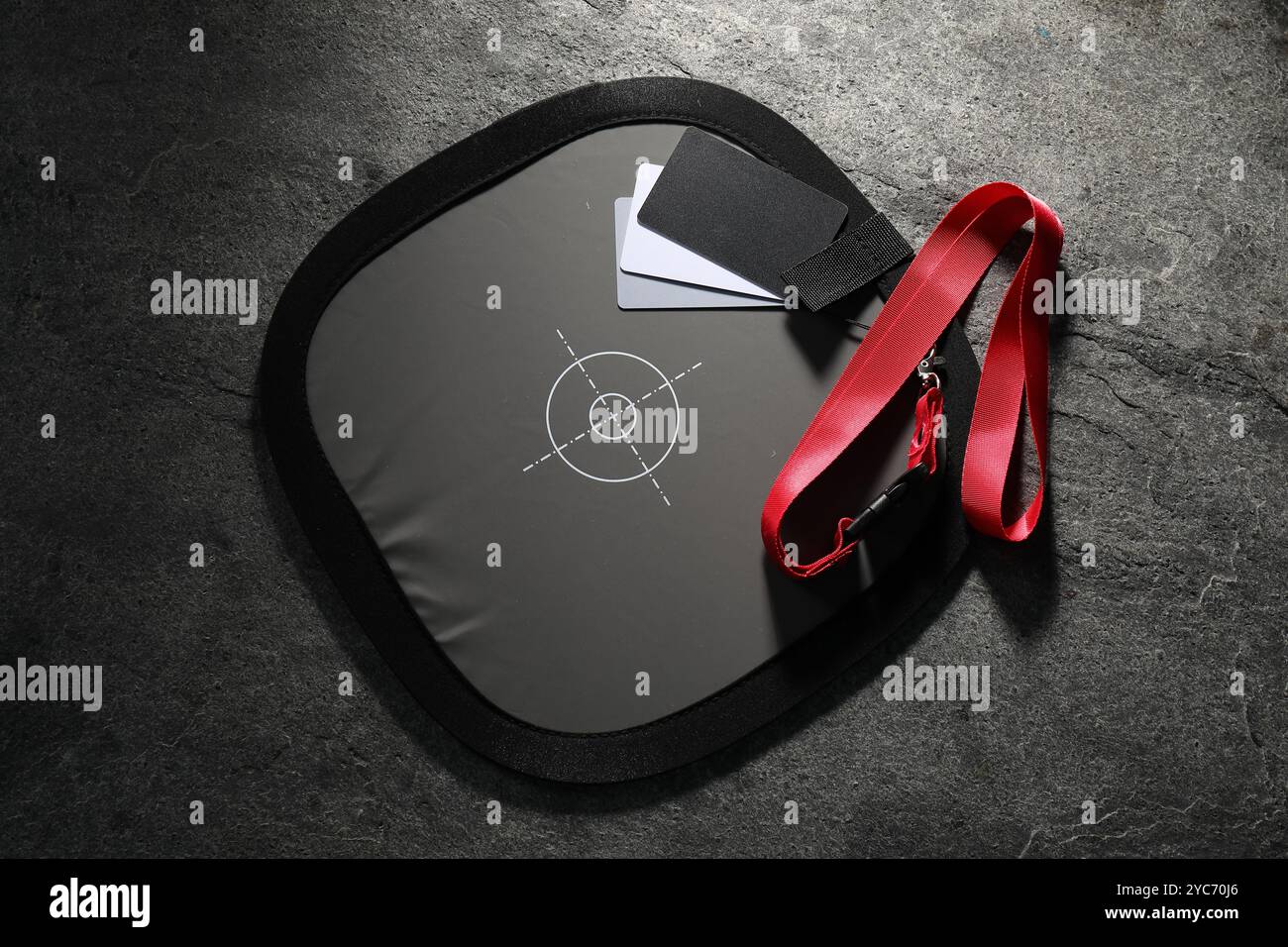 White balance calibration cards on grey background, top view Stock ...