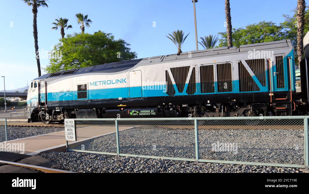 Metrolink train on the platform at Downtown Burbank Station, California ...