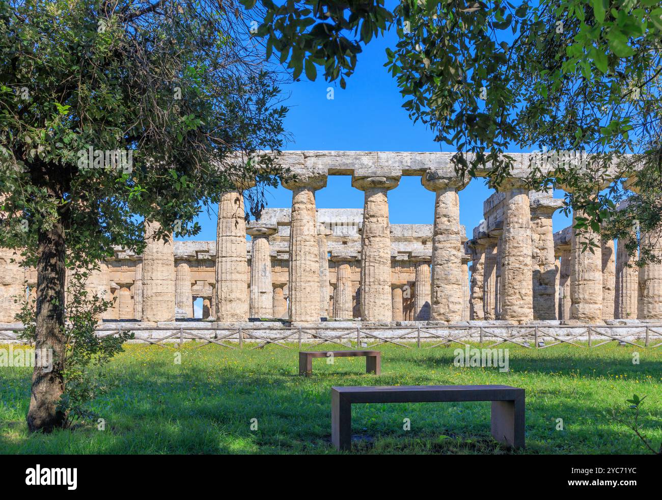 View of the ancient Greek temples at Paestum in Italy: in the ...