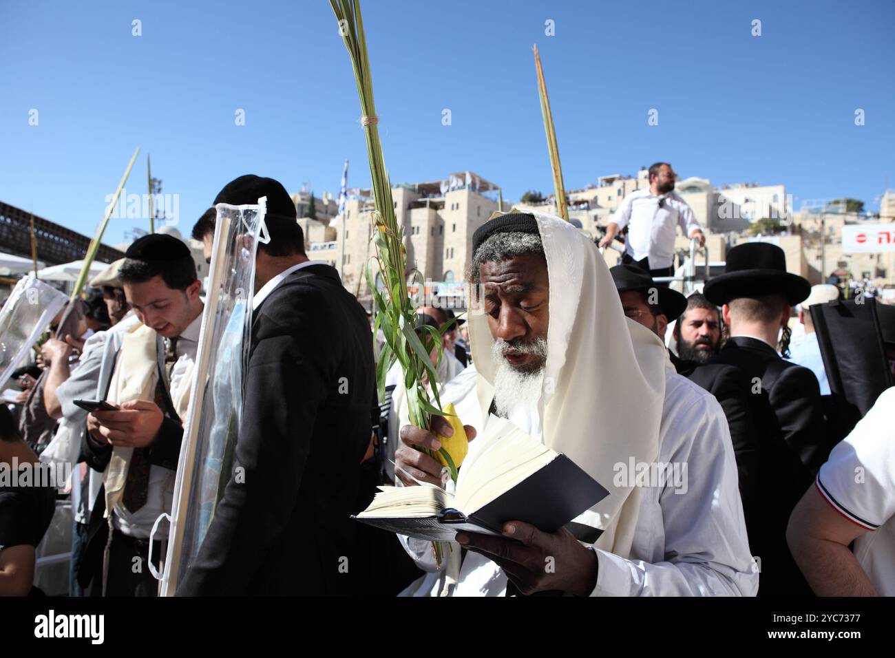 Crowd of Jewish men with prayer shawls or Talith pray at the Western ...