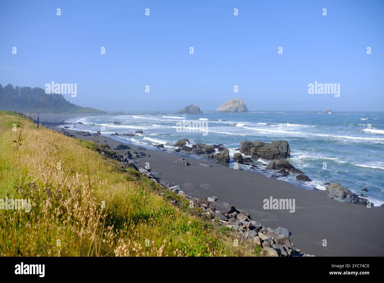 Waves approach the shoreline at a beach near Crescent City, in northern ...