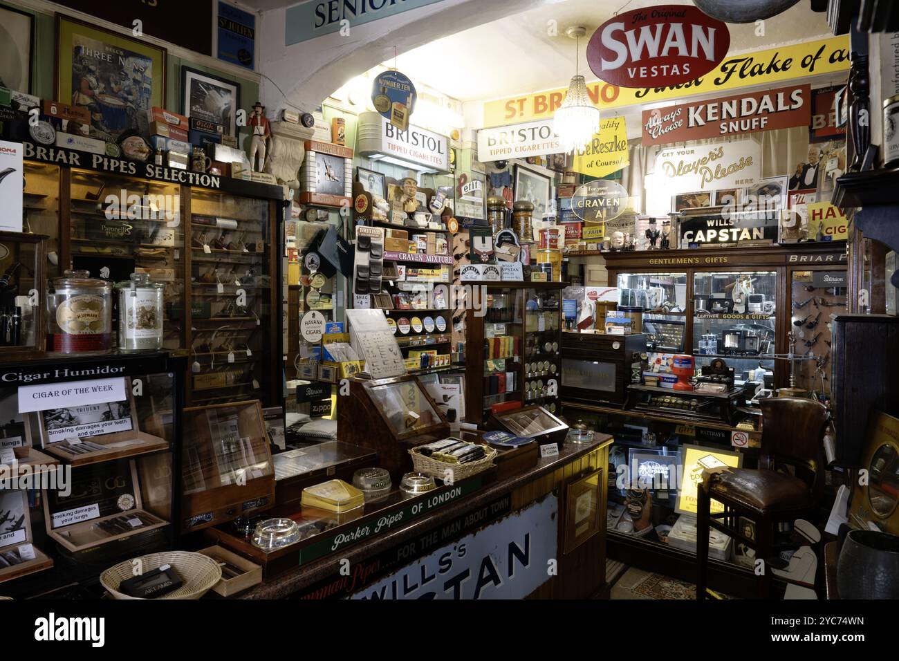 Interior view of tobacco products for sale in traditional tobacconist ...