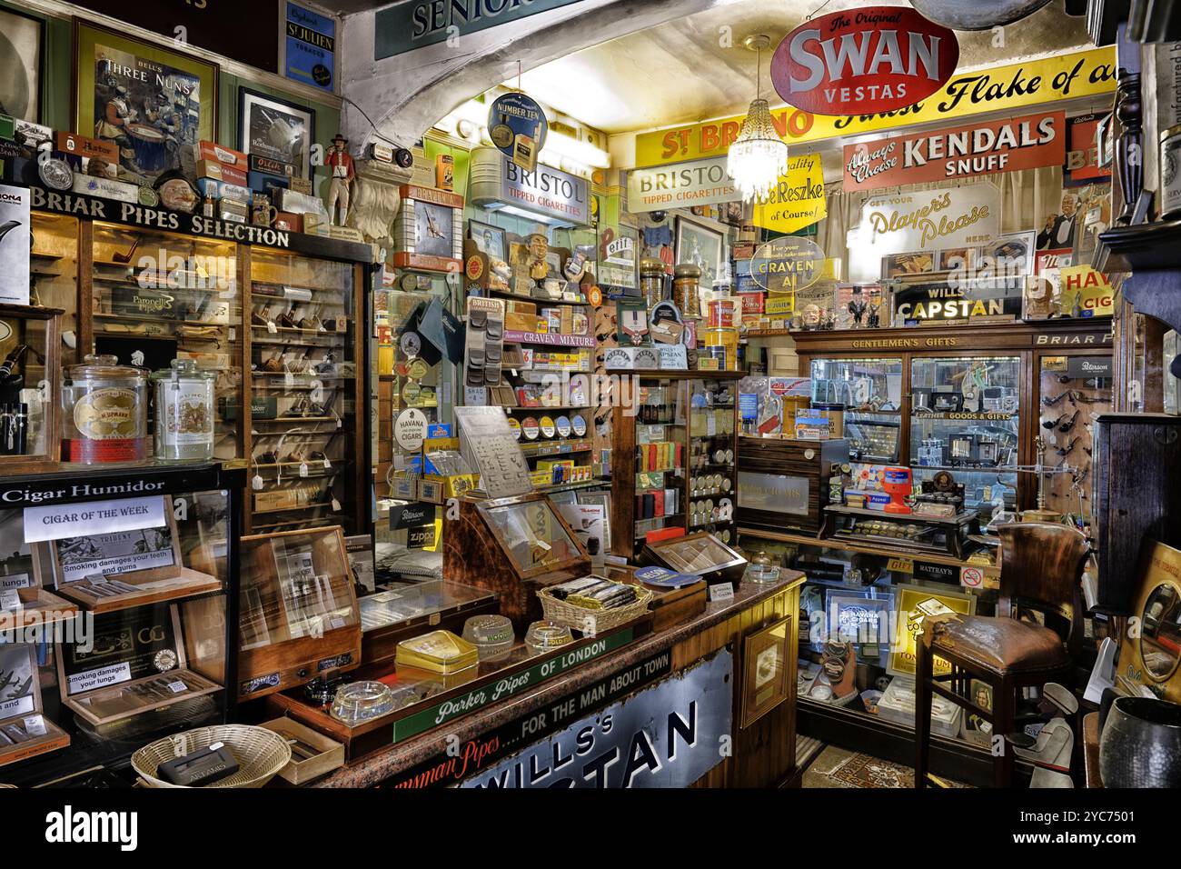 Interior view of tobacco products for sale in traditional tobacconist ...