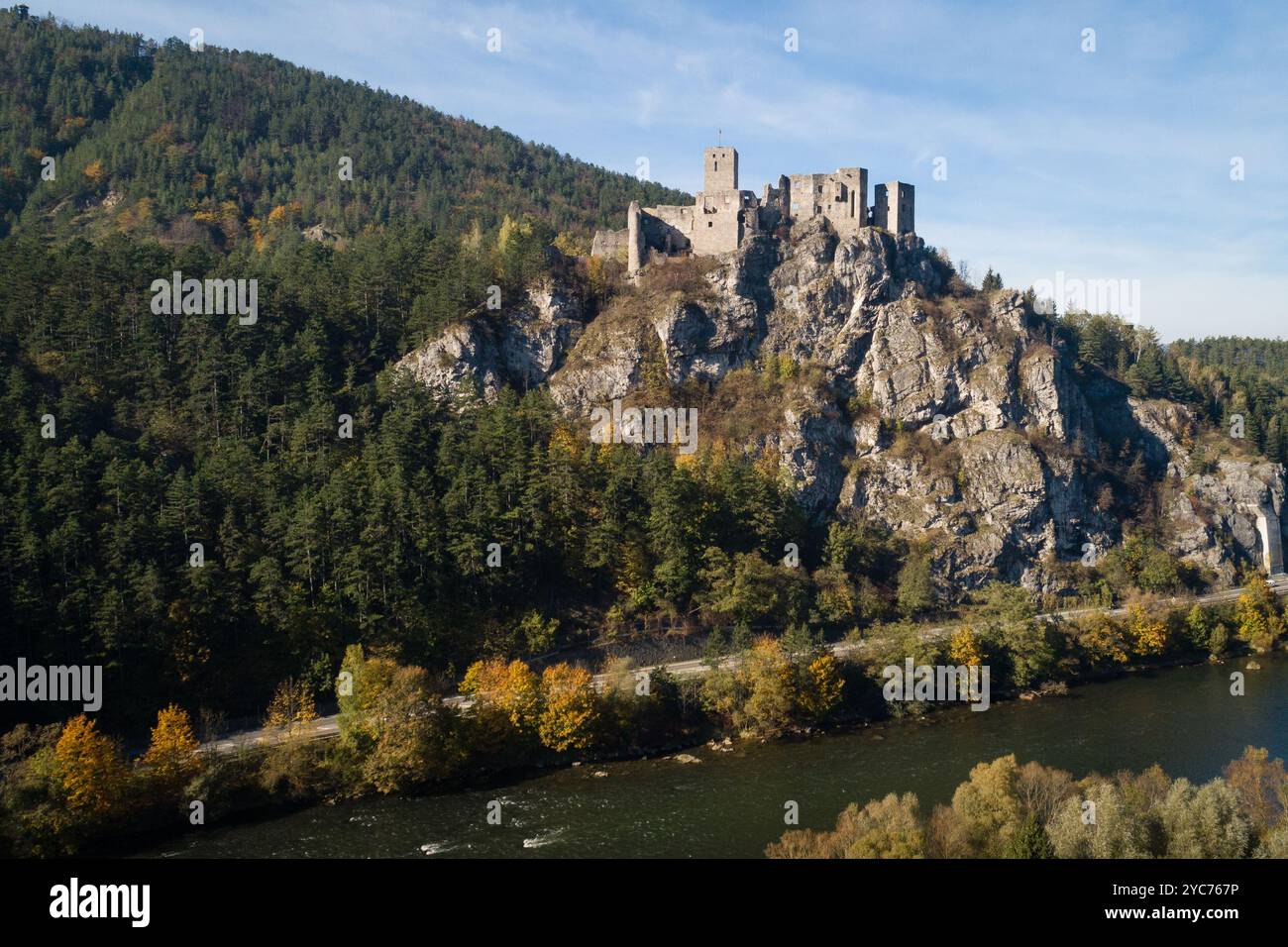 Aerial view of medieval caste Strecno and the Vah river, Slovakia Stock ...