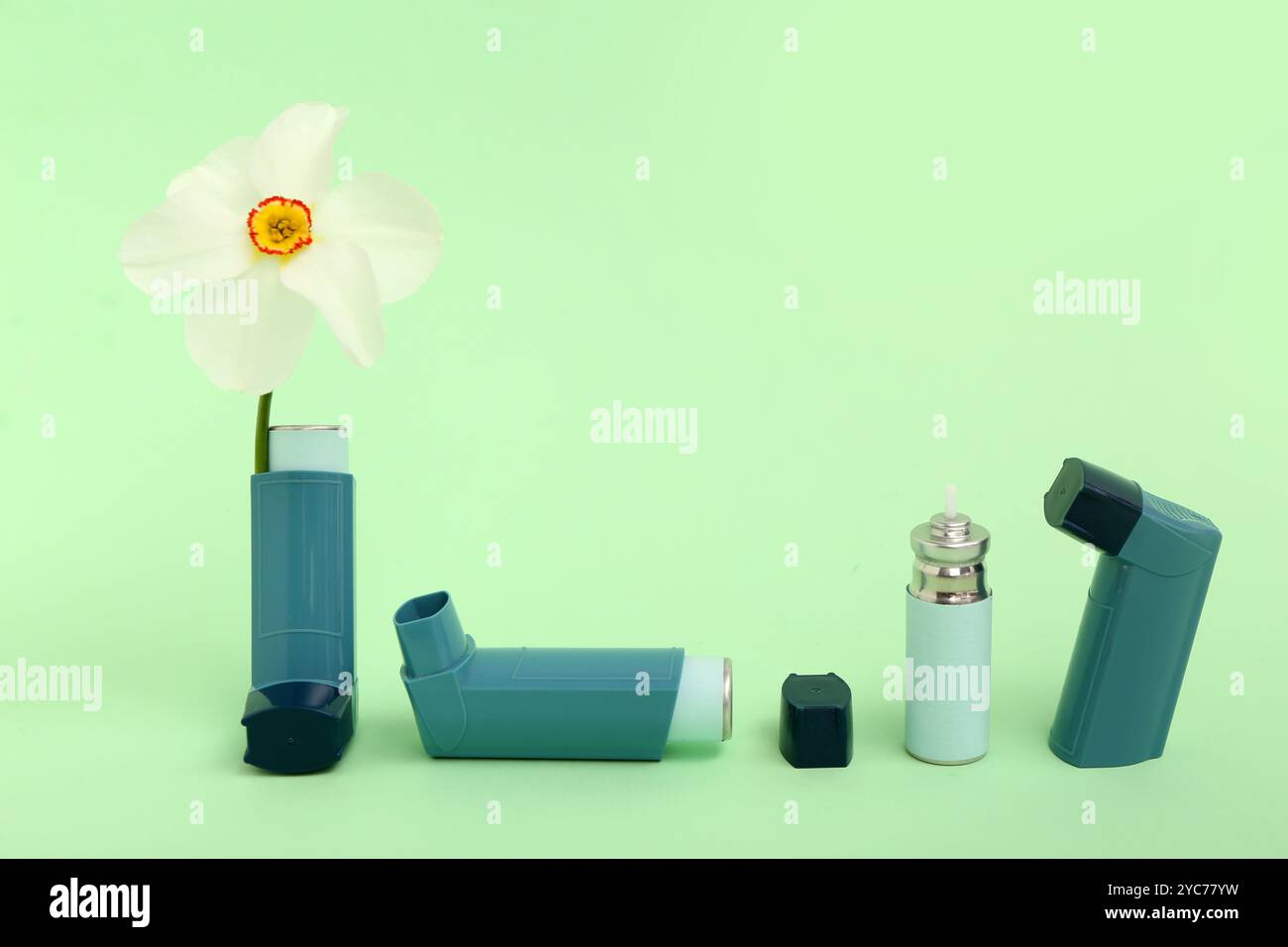 Modern inhalers and daffodil flower on green background Stock Photo - Alamy