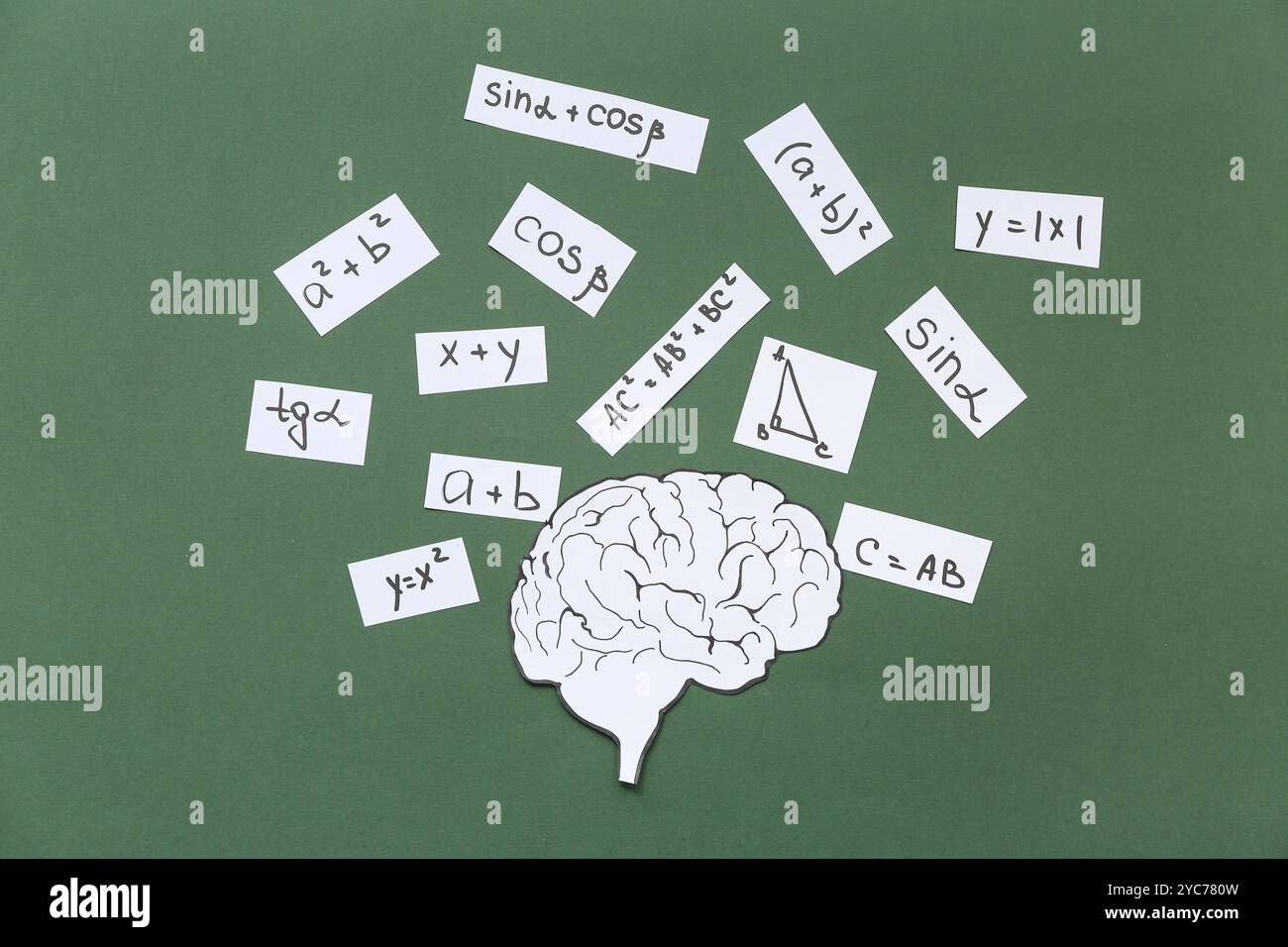 Paper brains with different math formulas and equations on chalkboard ...