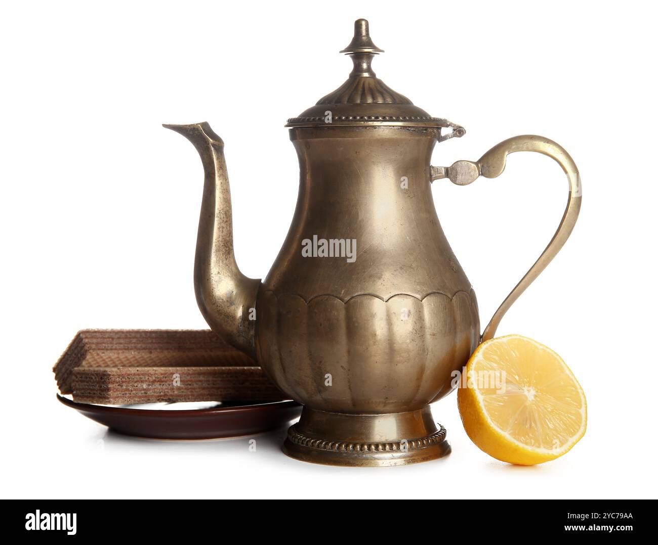 Teapot, plate with waffles and lemon on white background Stock Photo ...