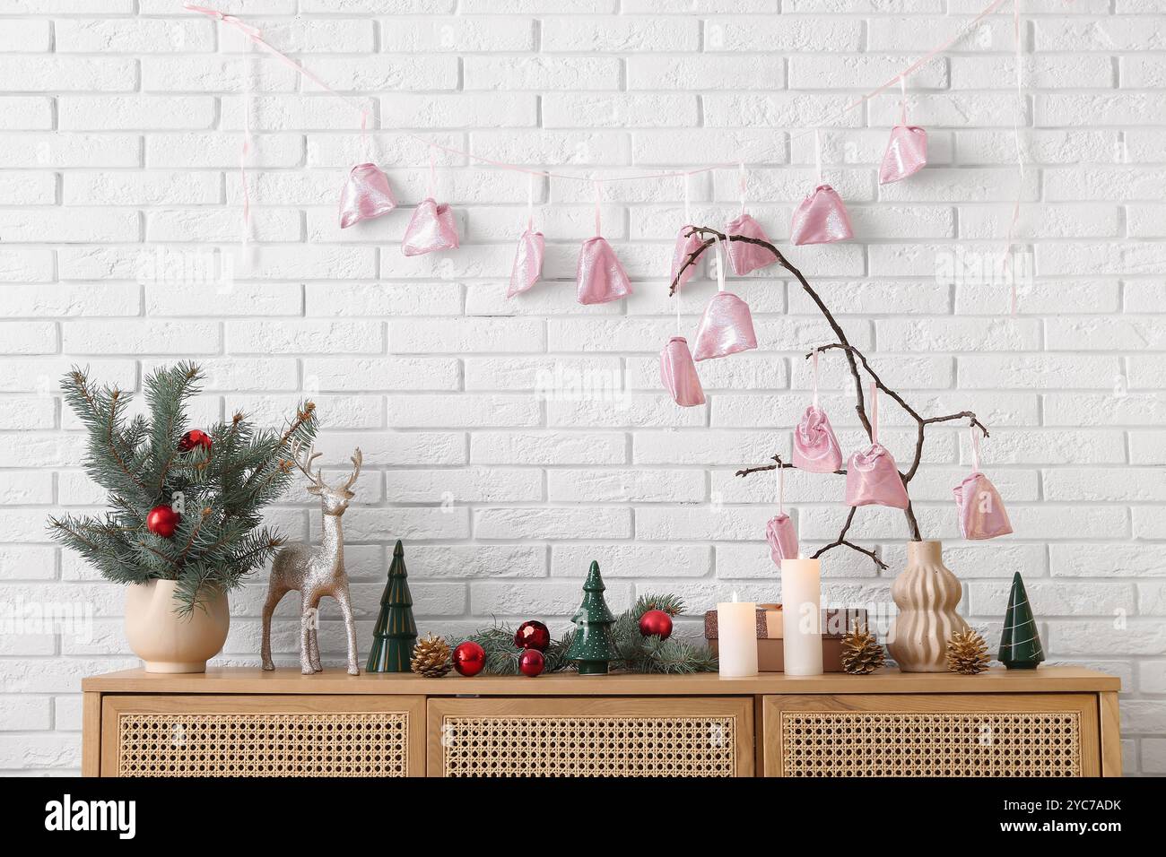 Interior of room with drawers, Christmas decor and Advent calendar ...
