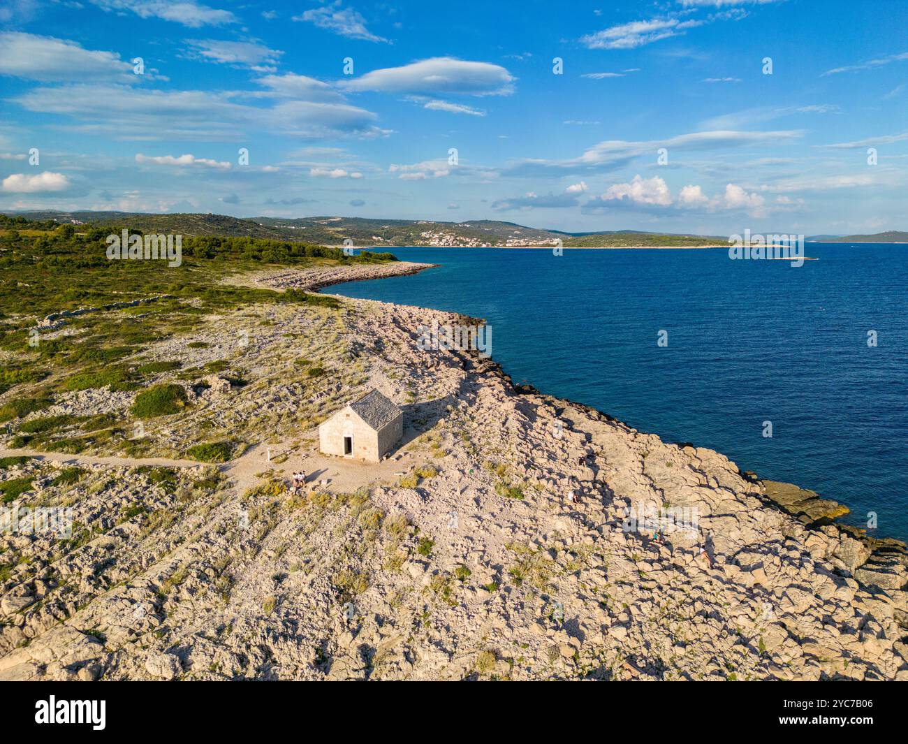 Drone view of beautiful, rough coast of Punta Planka, Croatia with old ...