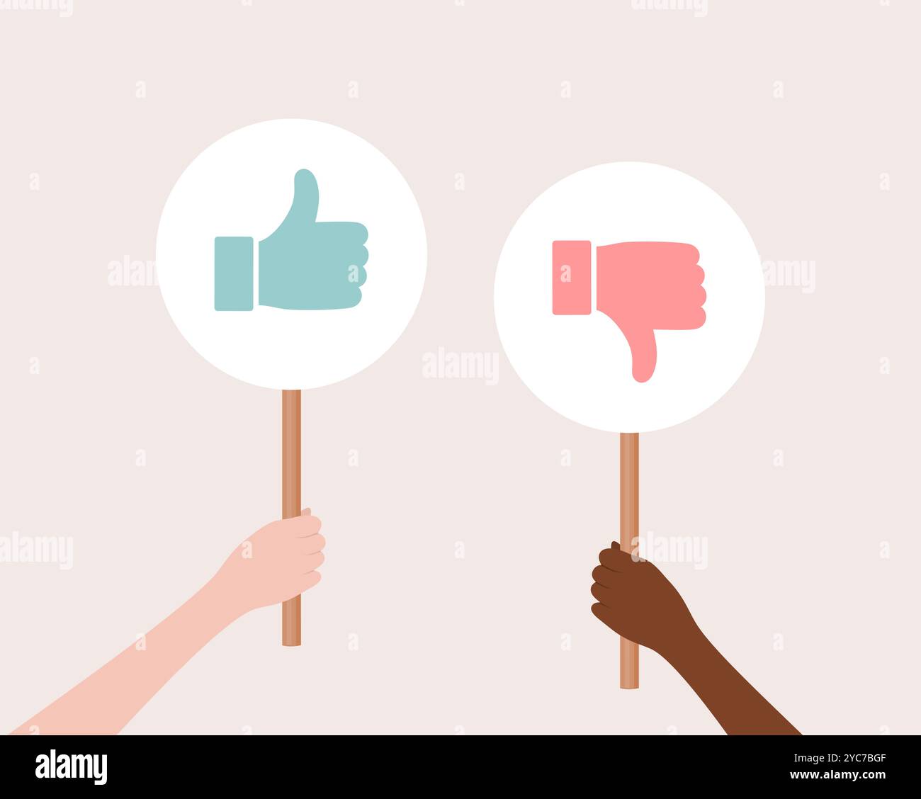 Two hands holding up white circle posters with like and dislike signs ...