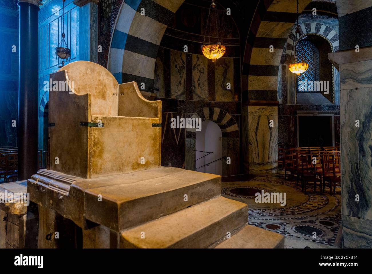 The throne of Charlemagne in the Aachen Cathedral (UNESCO’s World Heritage Site) which is the ...