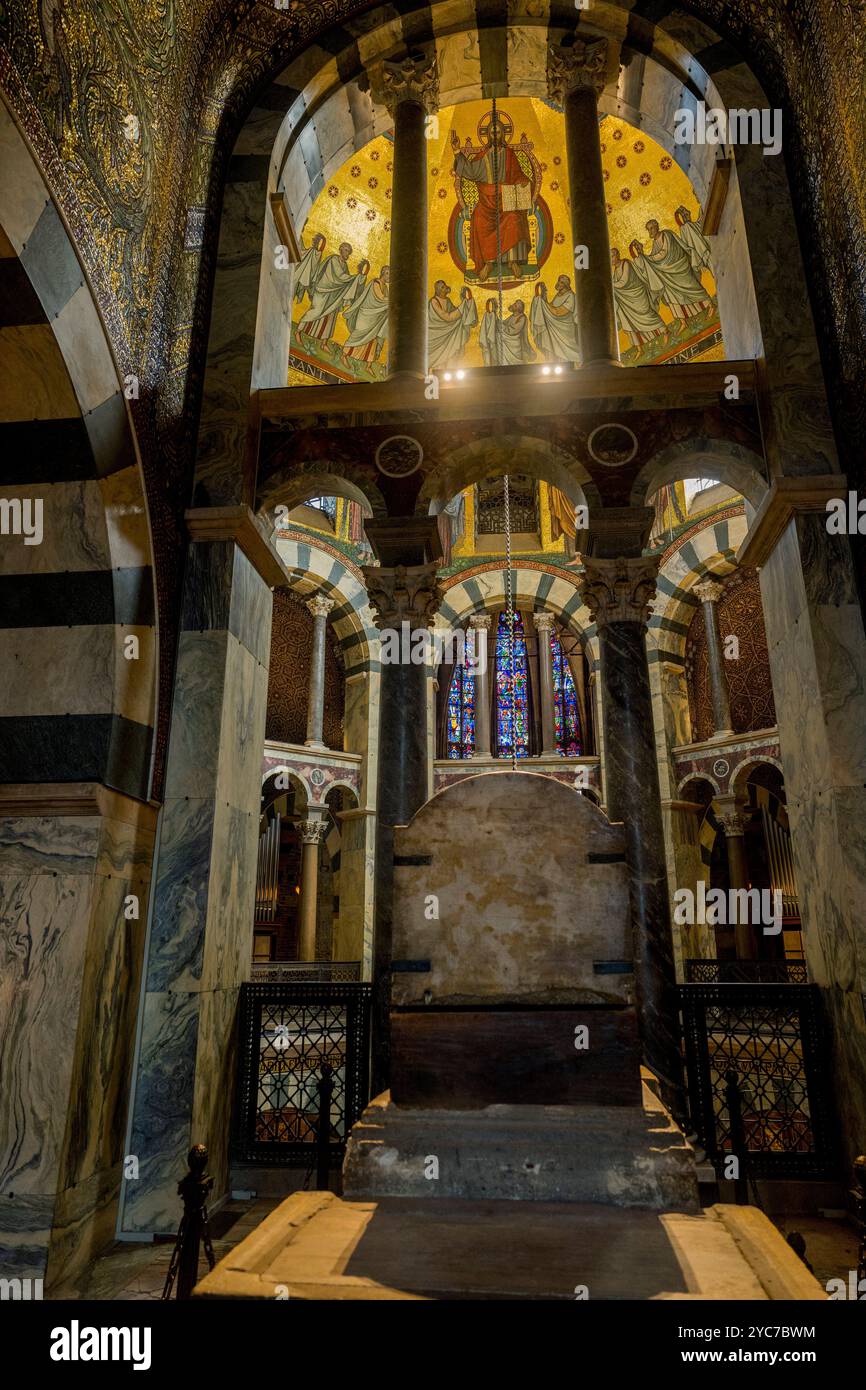 The throne of Charlemagne in the Aachen Cathedral (UNESCO’s World Heritage Site) which is the ...