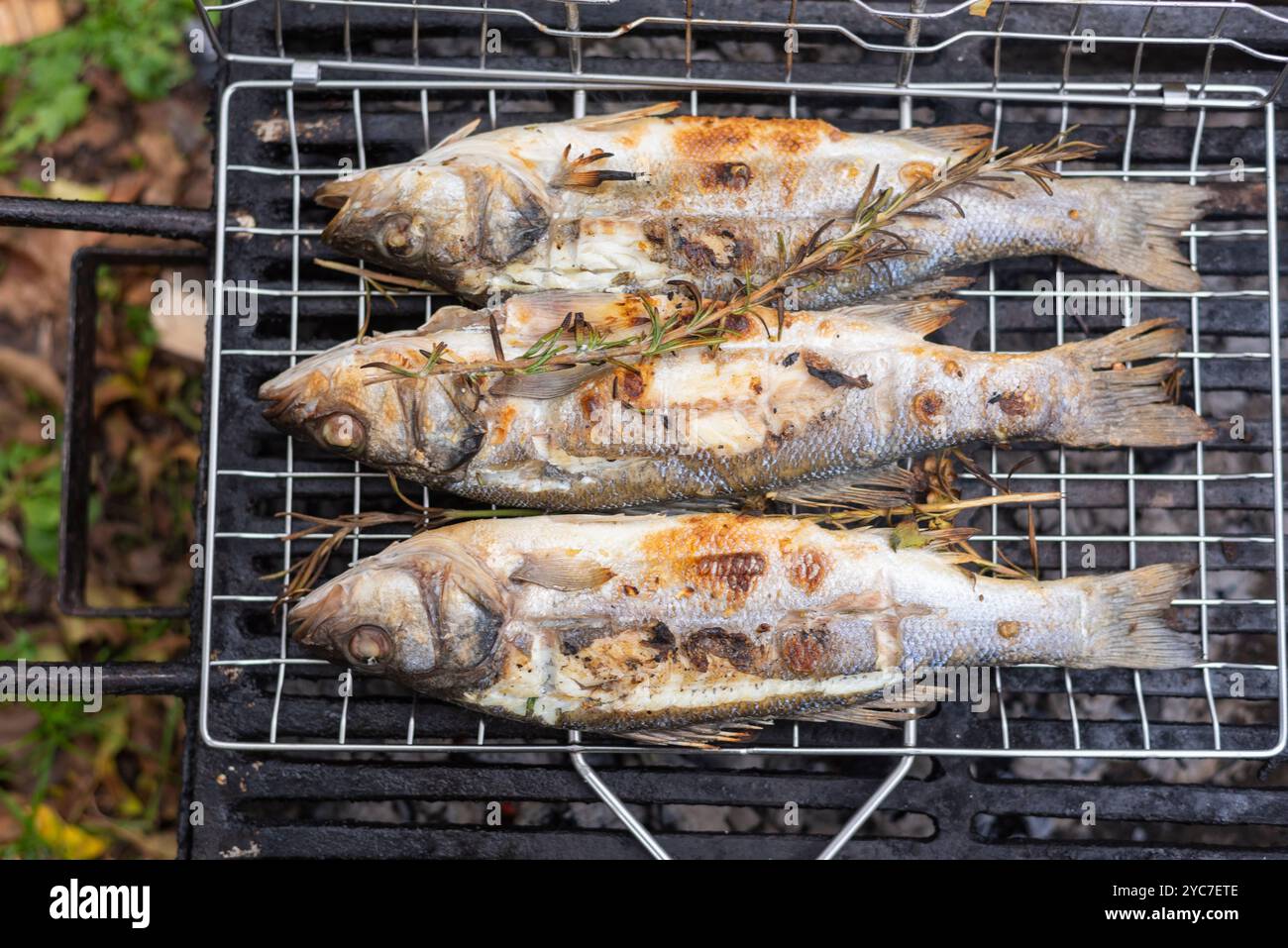 Three spiced sea bass fish prepared on grill Stock Photo - Alamy