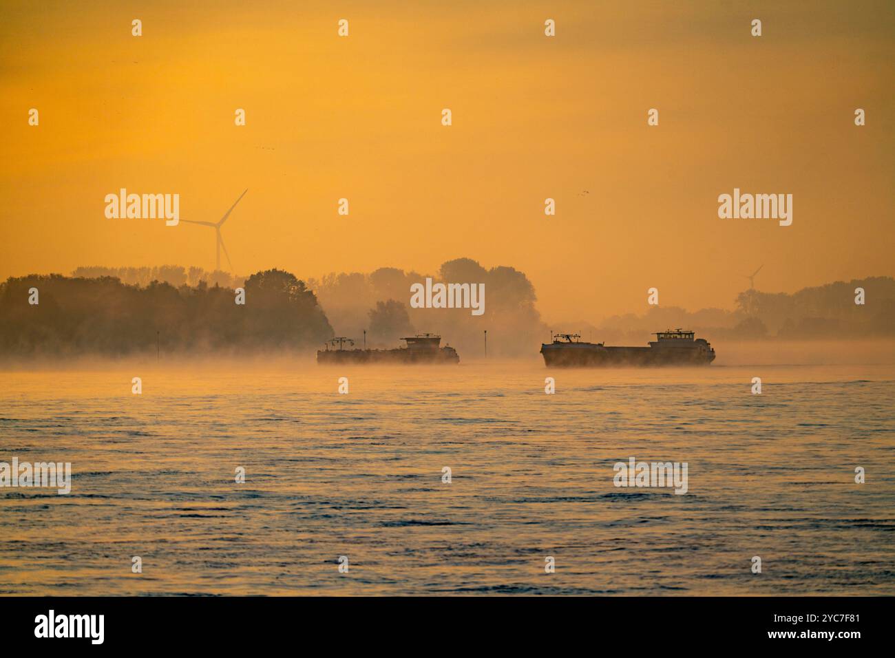Cargo ships on the Rhine near Emmerich, early morning, sunrise, fog ...