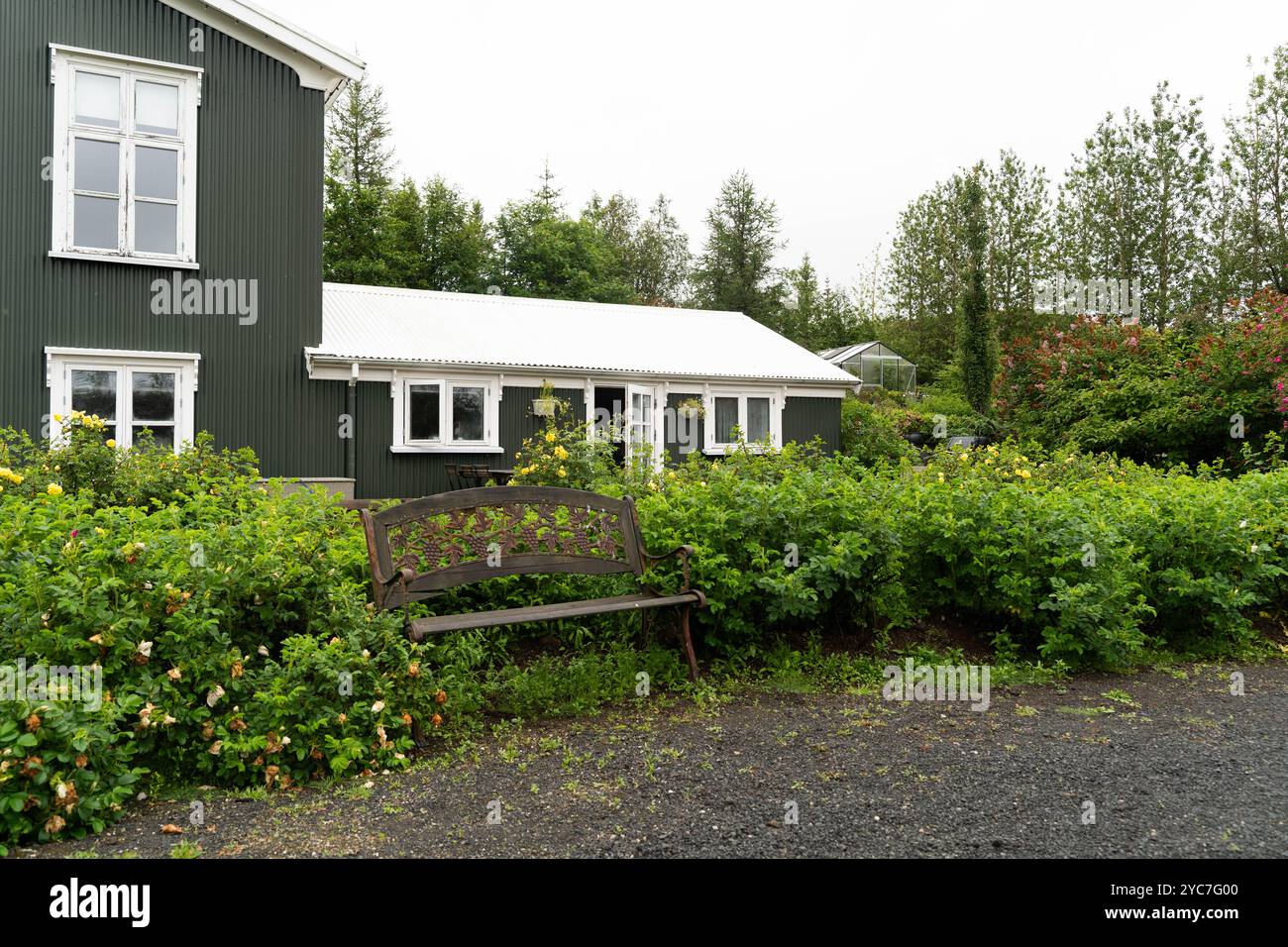 Wooden bench near flowers hi-res stock photography and images - Alamy