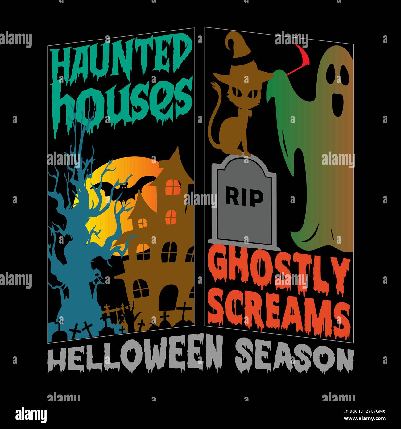 Spooky Halloween T-shirt Designs with Bats, Hunted Tree, Ghost, Scary ...
