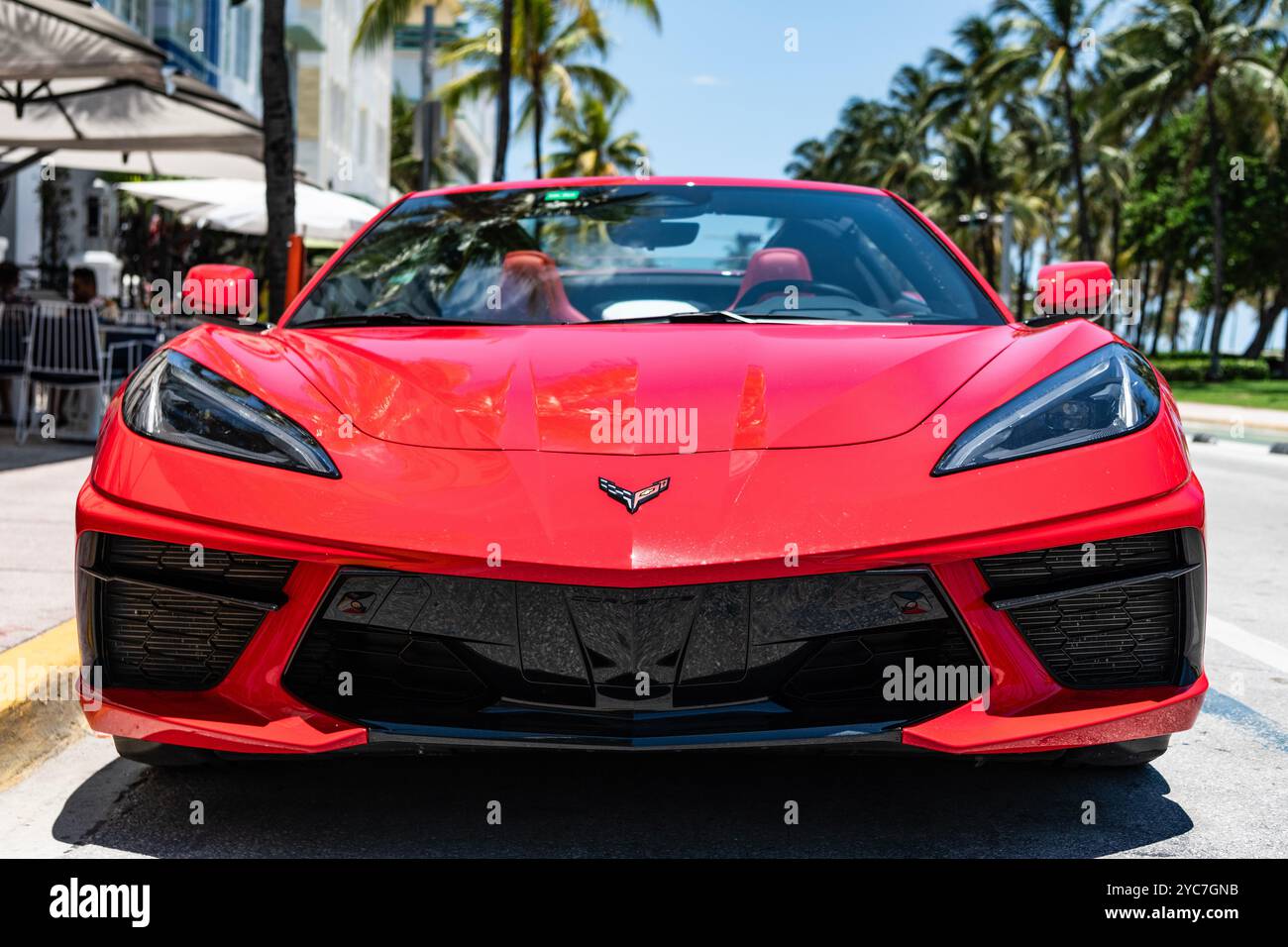 Miami Beach, Florida USA - June 9, 2024: Chevy Corvette C8 3LT at ocean drive miami beach. red ...