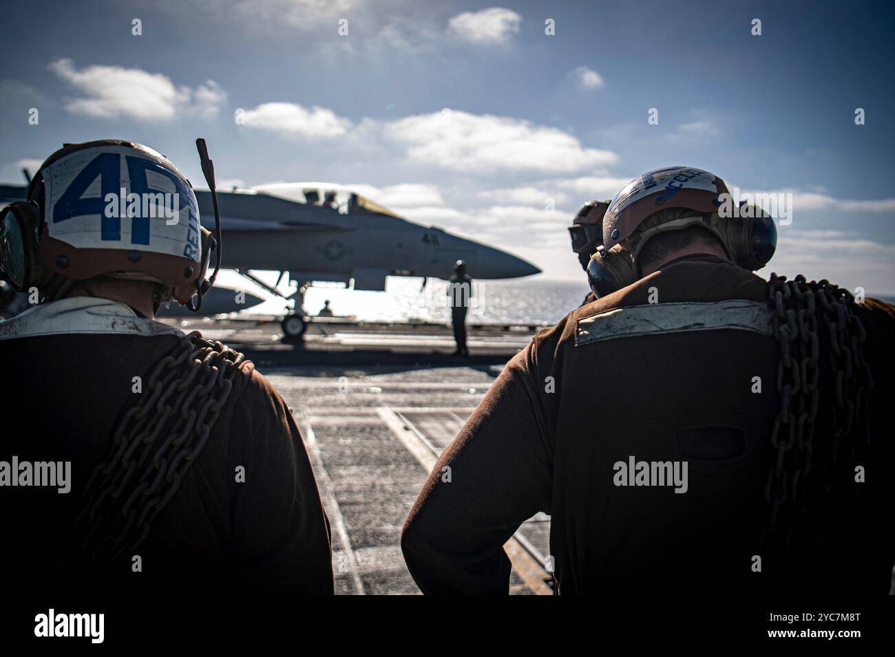USS Nimitz, United States. 11 October, 2024. U.S. Navy sailors watch a ...