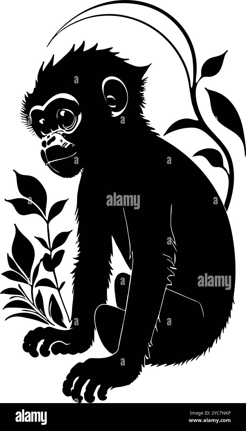 simple black graphic drawing of one monkey, decorative element, logo ...