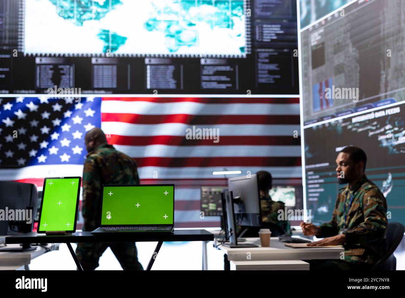 US army working in a top secret control center with isolated mockup ...