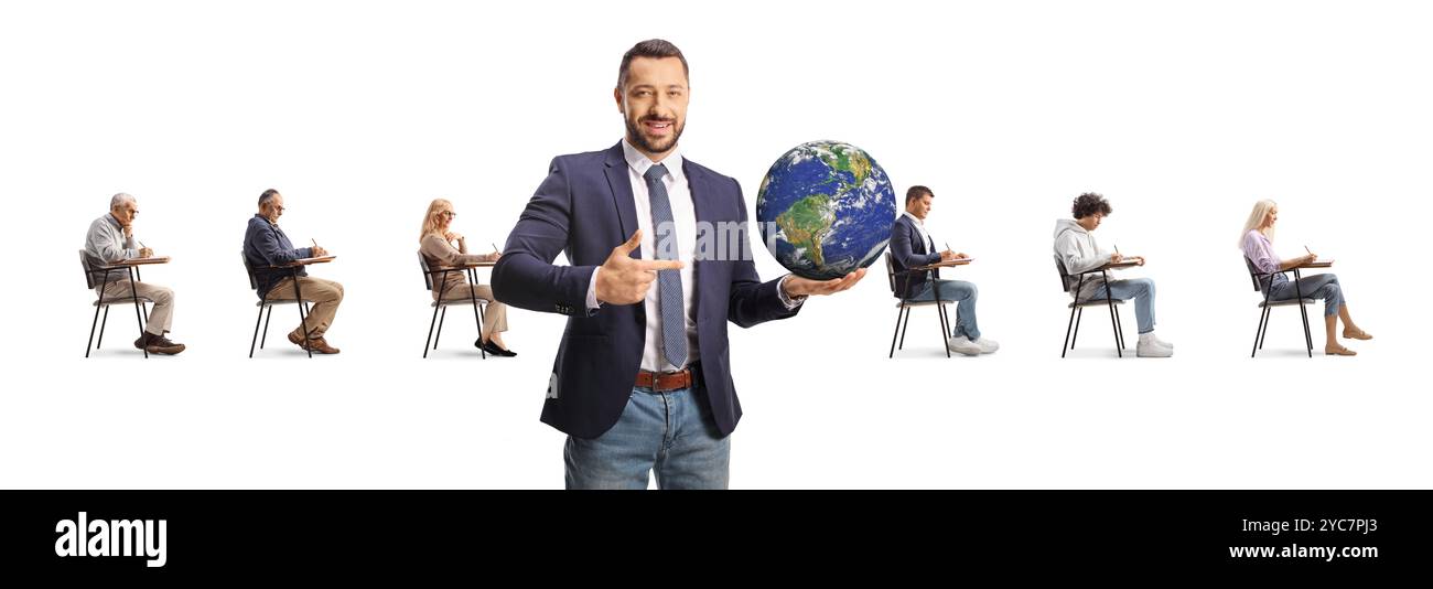 People in school chairs and man holding the planet earth on his hand ...