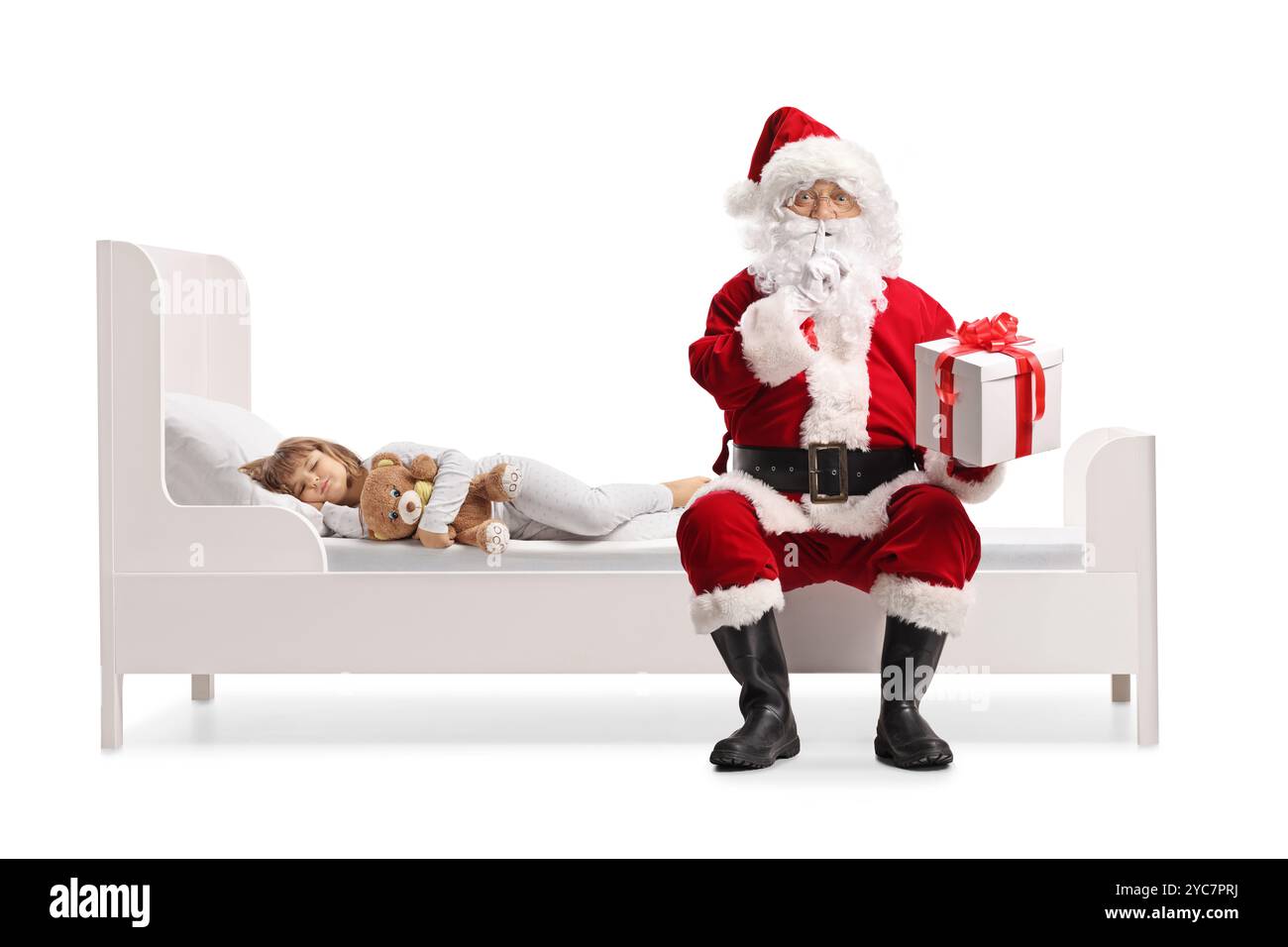 Santa claus delivering a present to a sleeping girl isolated on white ...