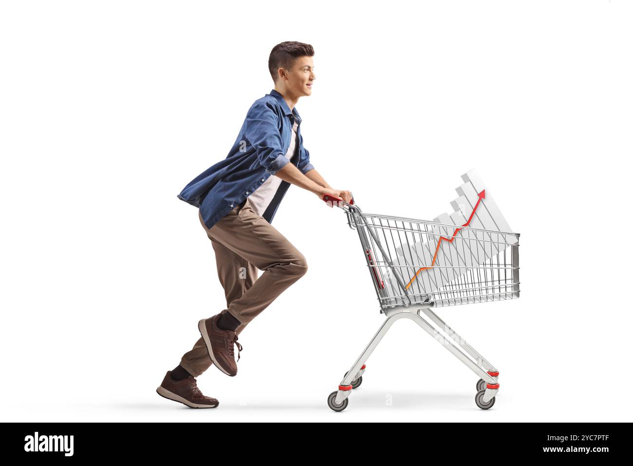 Young man pushing a shopping cart with a bar chart inside isolated on ...