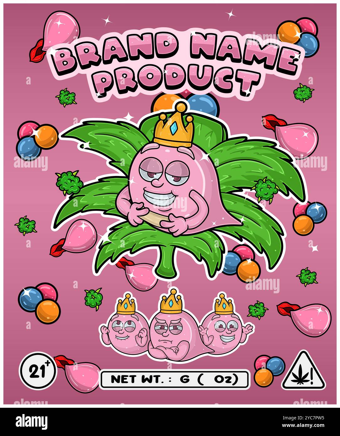 Cartoon bubble gum flavor with cannabis leaf, designed for logo, label ...