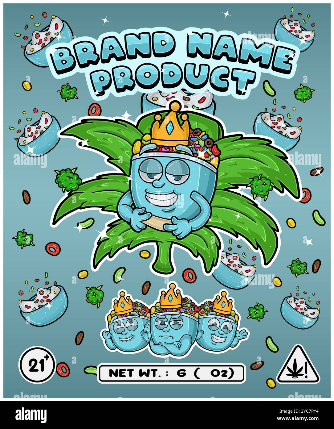 Cartoon cereal flavor with cannabis leaf, designed for logo, label or ...