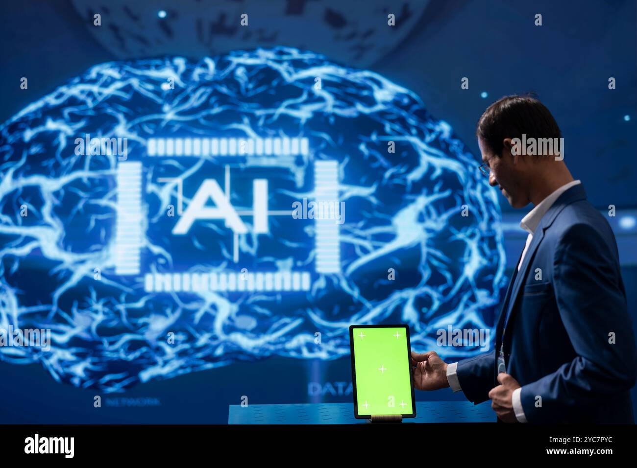 Admin in startup doing advancements in AI field using mockup notebook ...