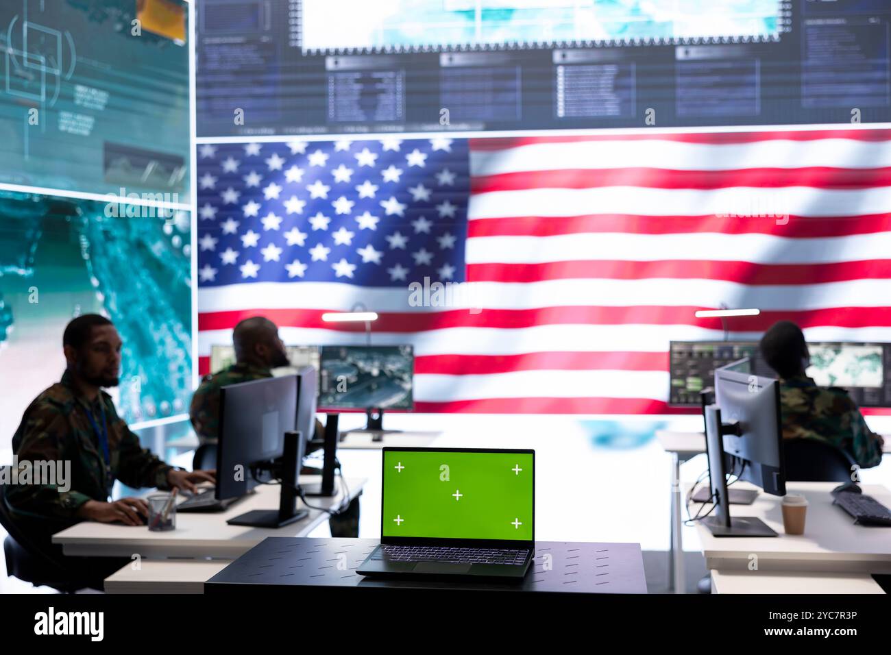 US army working in a top secret control center with isolated mockup ...
