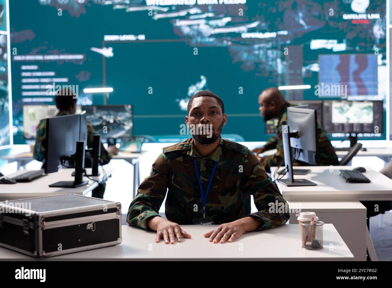 Military officer conducting a remote conference on secure network to ...