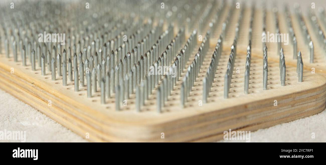 A detailed close-up of the sharp metal spikes on an acupressure pillow ...