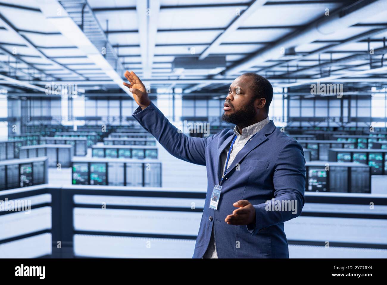 Engineer in data center implementing backup solutions to protect against data loss using AR ...