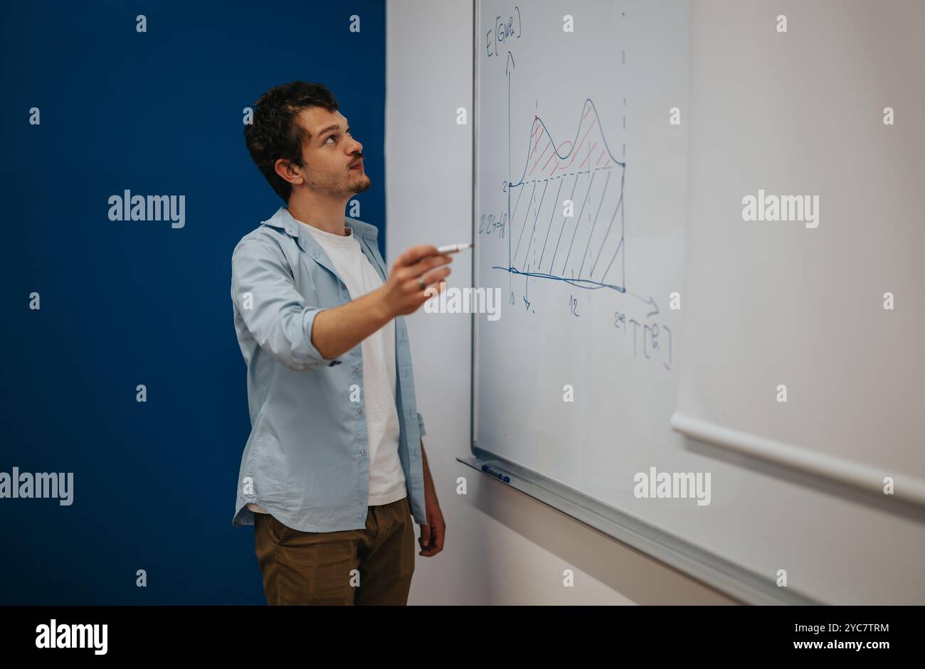 Educator explaining graph on whiteboard in classroom setting Stock ...