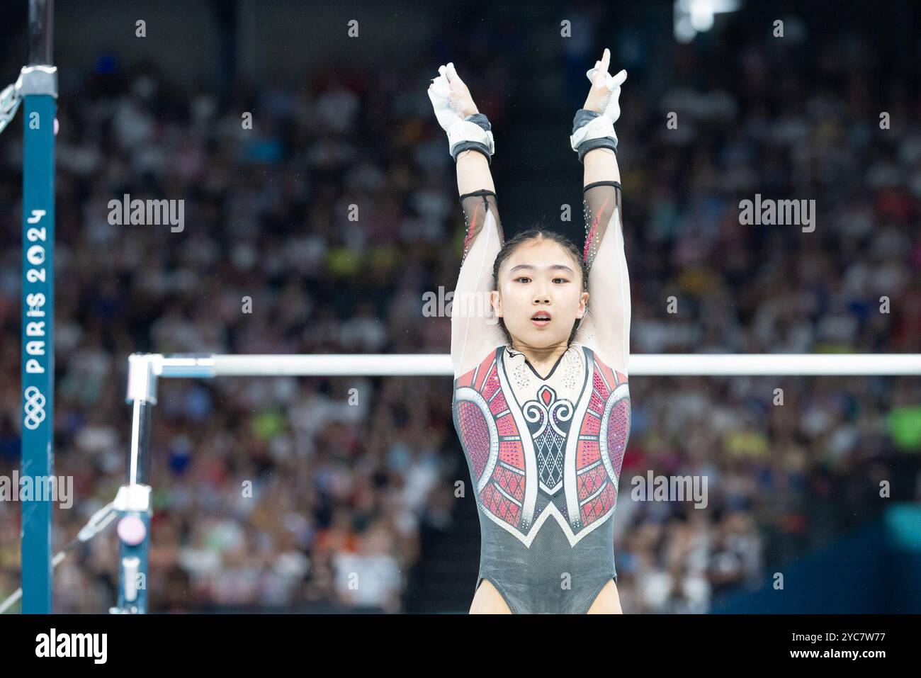 August 01, 2024: Rina Kishi of Japan competes uneven bars in the Women ...
