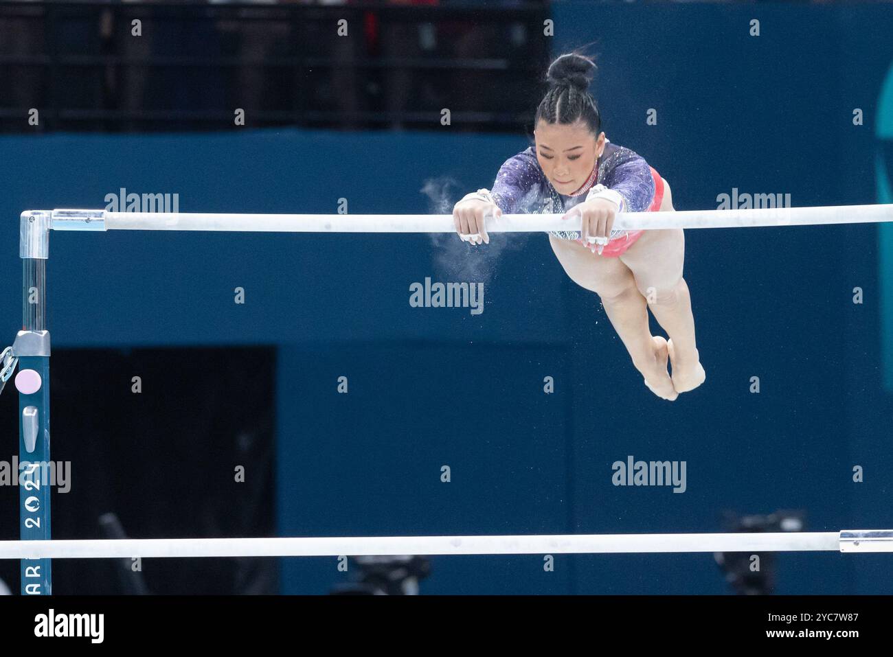 August 01, 2024: Sunisa Lee of USA performs uneven bars in the Women's ...