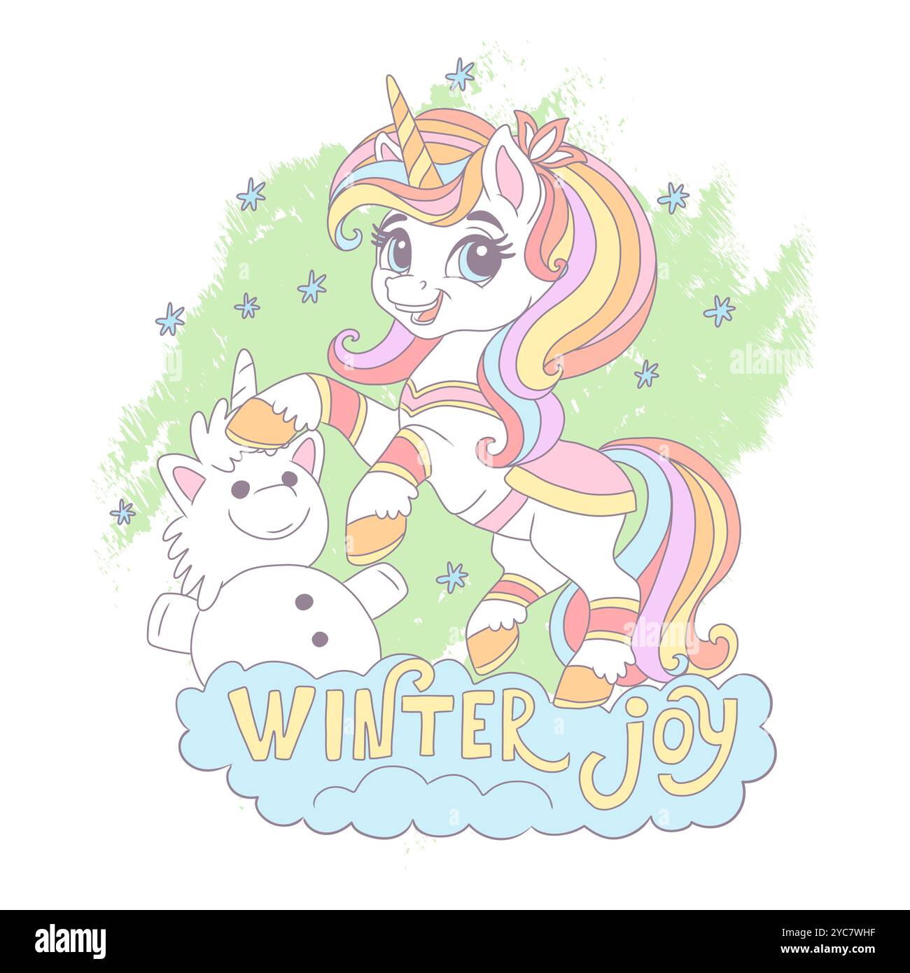 Cute cartoon unicorn making a snowman. Vector illustration in soft colors. Winter Joy lettering ...