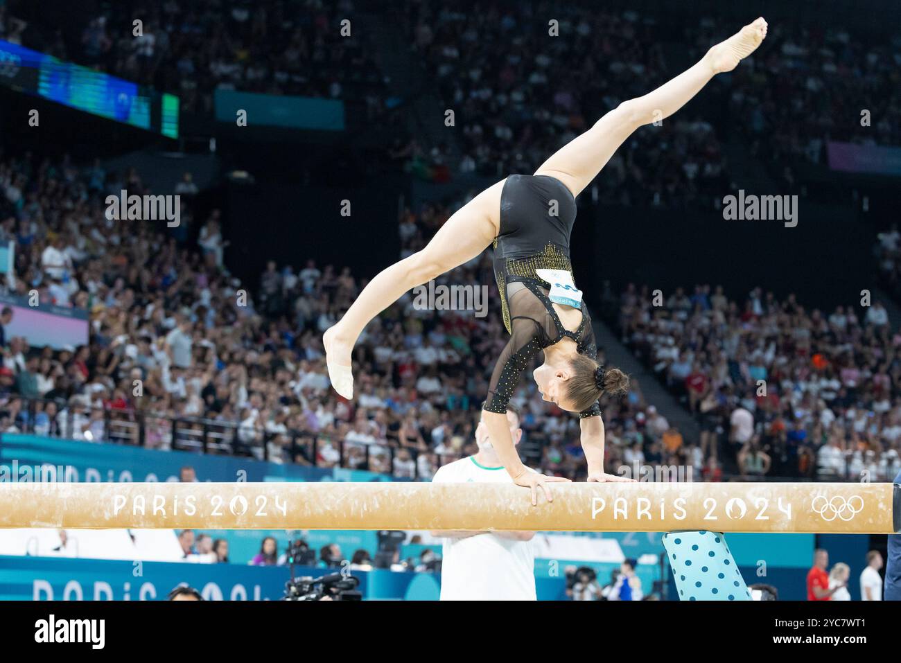 August 01, 2024: Kaylia Nemour of Algeria competes on beam in the Women ...