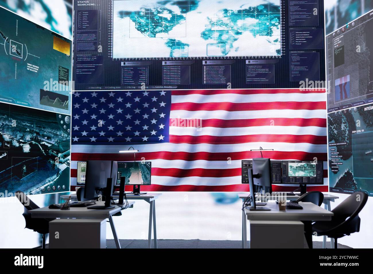 Empty military control center with a big screen shows the American flag ...