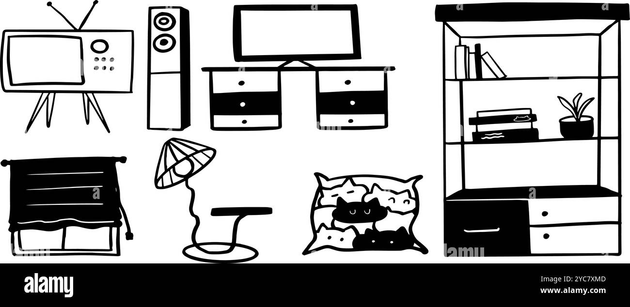 Living Room Object Set Illustration | Minimalist Doodle Vector for Home ...