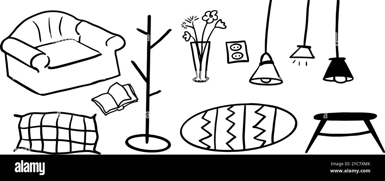 Living Room Object Set Illustration | Minimalist Doodle Vector for Home ...