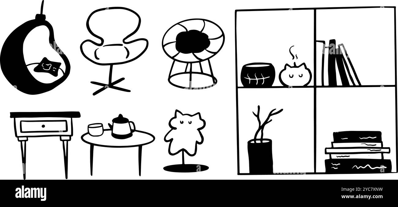 Living Room Object Set Illustration | Minimalist Doodle Vector for Home ...