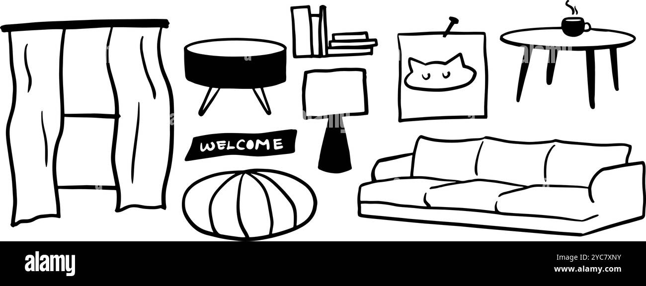 Living Room Object Set Illustration | Minimalist Doodle Vector for Home ...