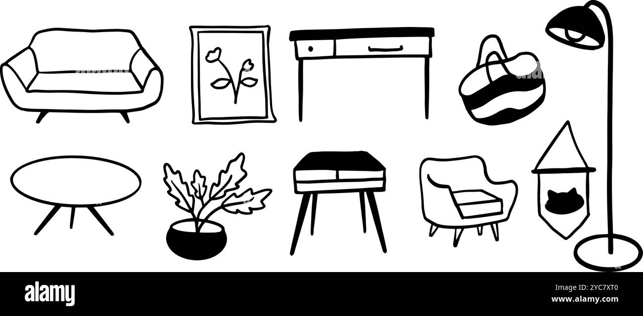 Living Room Object Set Illustration | Minimalist Doodle Vector for Home ...