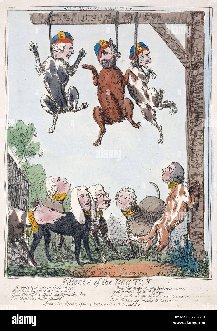 A funny humorous cartoon print coloured engraving of Effects of the dog ...